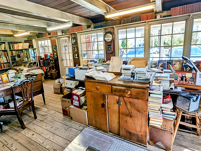 Organized chaos is the sign of a true book lover's paradise. Behind that desk, literary treasures await their perfect match.