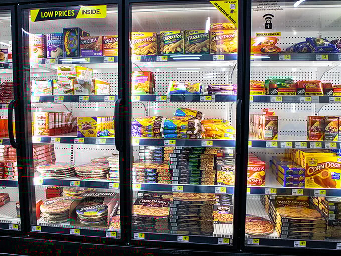 Frozen meal options stand ready behind frosty doors, offering quick dinner solutions when cooking from scratch isn't in the cards.
