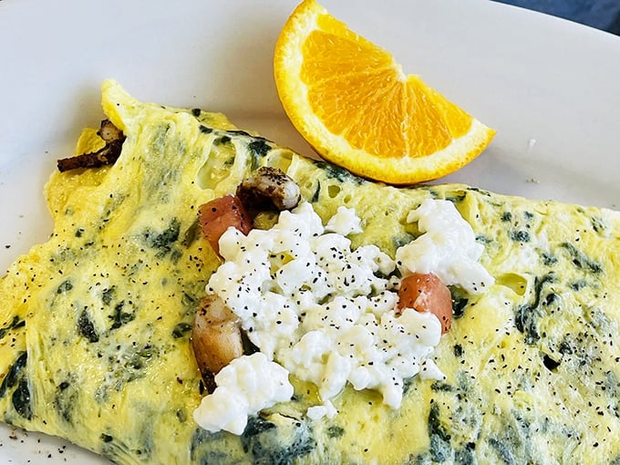 This isn't just an omelet&mdash;it's a Mediterranean vacation folded into eggs, with feta providing that perfect tangy counterpoint to the spinach.