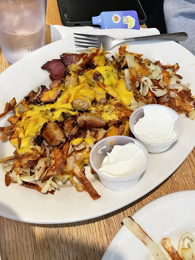 These aren't just hash browns—they're a golden landscape of crispy potatoes topped with melted cheese and breakfast meats.
