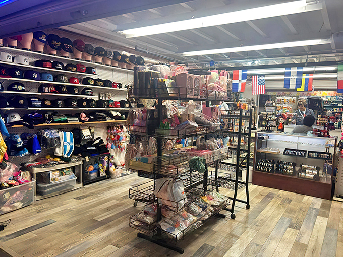 Baseball cap heaven meets international pride&mdash;where America's pastime shares shelf space with flags from around the world.