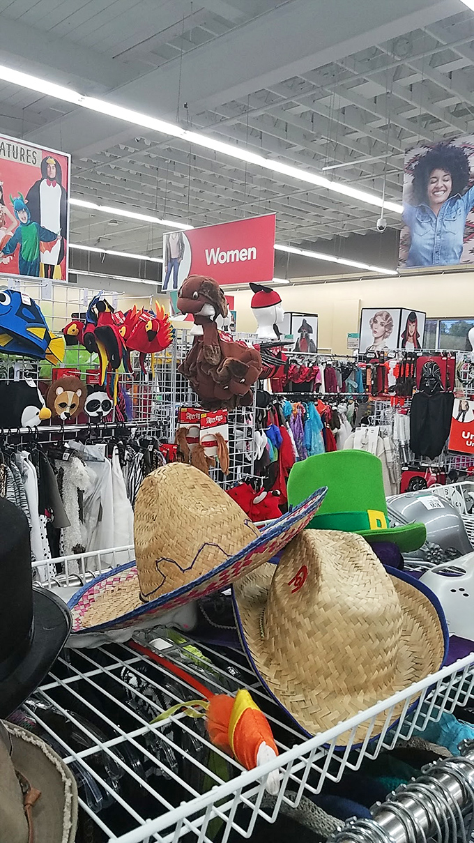 The Halloween section in what's probably July. Those straw hats are just waiting for their second chance at a beach vacation.
