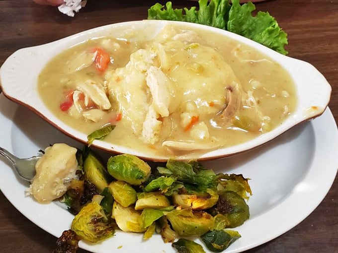 Chicken and dumplings that would make your grandmother nod in approval. Soul-warming comfort in a bowl, with brussels sprouts for good measure.