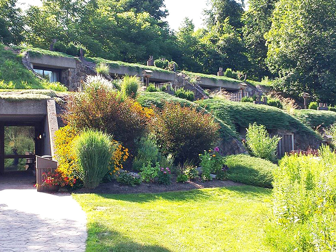 These earth-sheltered structures blend seamlessly into the hillside, creating a scene straight out of a fantasy novel. Architecture that converses with nature.