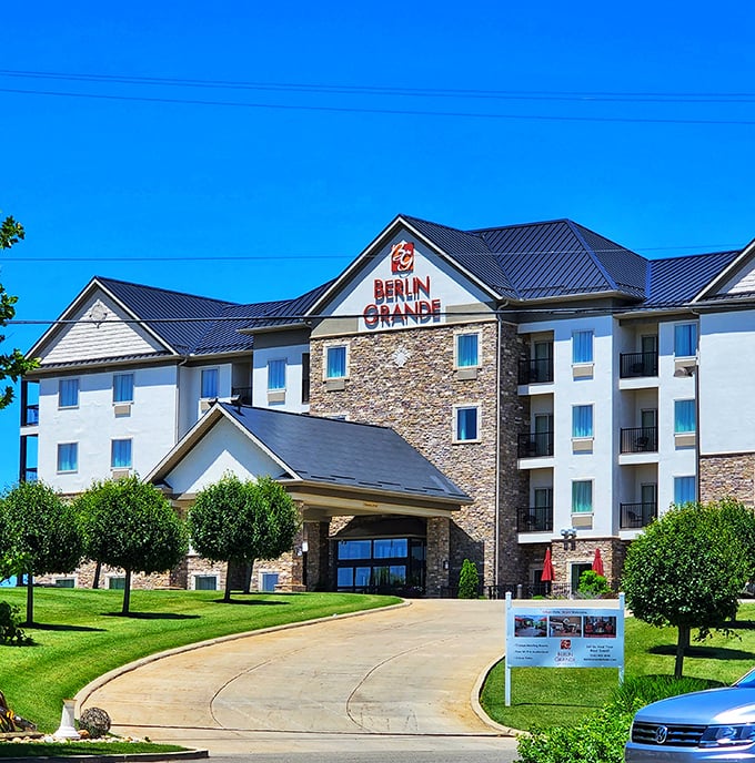 The Berlin Grande Hotel offers modern comfort for those who appreciate Amish craftsmanship by day but prefer contemporary mattresses by night.