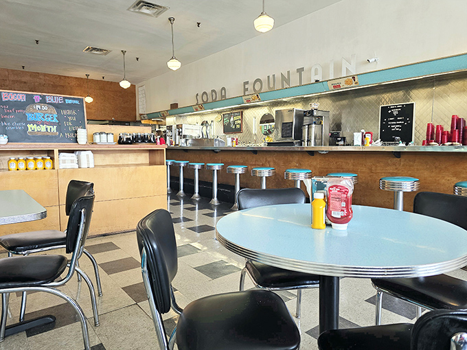 The "Soda Fountain" sign isn't retro marketing&mdash;it's a genuine artifact from when pharmacists dispensed both medicine and ice cream sodas under one roof.