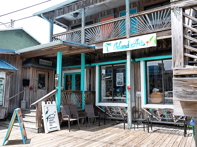 Island Arts offers a splash of turquoise optimism among weathered wood, proving that creativity thrives in Cedar Key's salt-kissed air and unhurried pace.