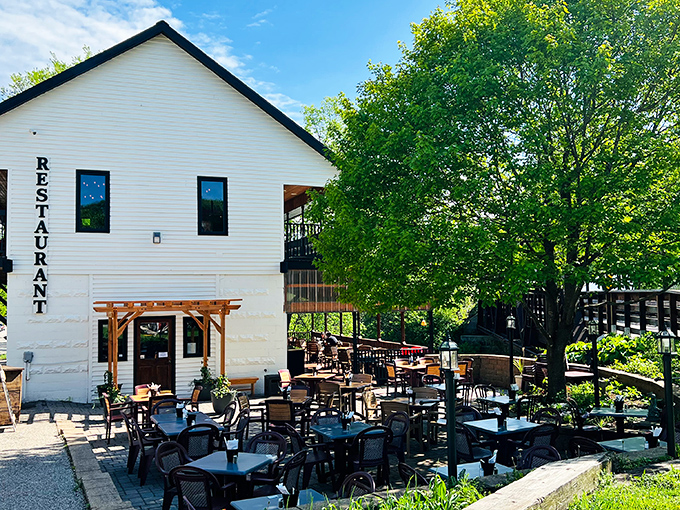 Juniper's outdoor dining area sits where conversations flow as freely as the nearby Root River, with scenery as delicious as the food.
