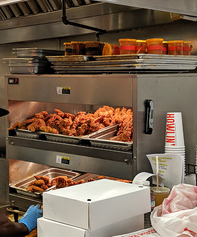 The warming trays hold liquid gold in chicken form. Patience, grasshopper—good things come to those who wait in line.
