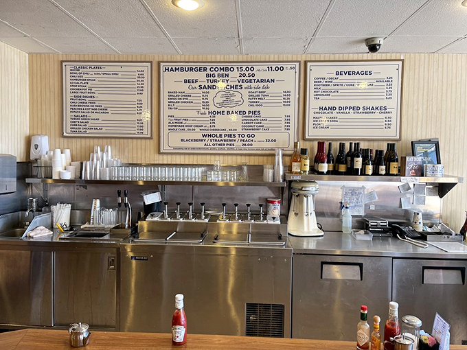 The kitchen setup hasn't changed much since the Kennedy administration, proving that sometimes the old ways are still the best ways.