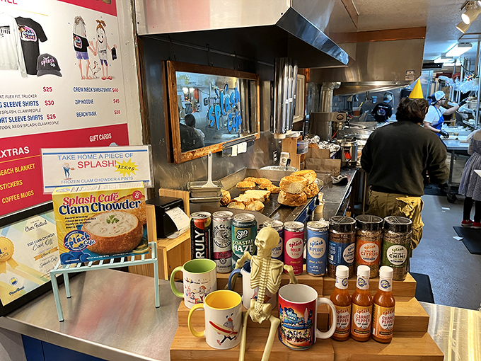 Where the magic happens—merchandise meets kitchen views in this corner of coastal culinary creativity.