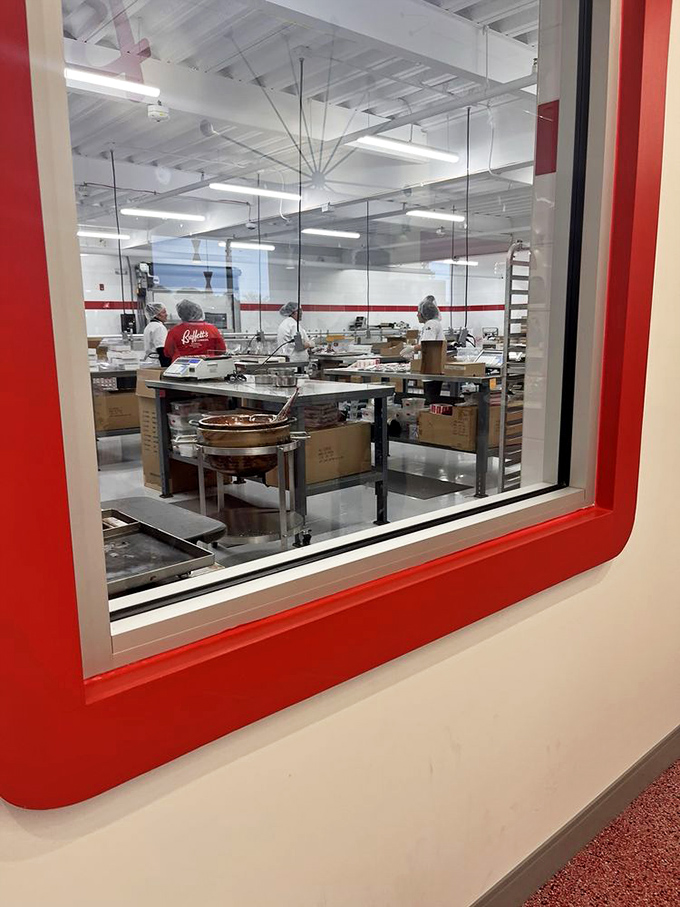 The kitchen viewing window offers a glimpse into chocolate alchemy, where white-coated wizards transform simple ingredients into edible magic.