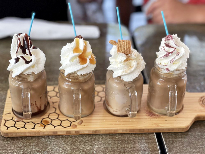 A flight of flavored lattes is the adult equivalent of an ice cream sampler &ndash; pure, whipped-cream-topped joy in miniature mason jars.