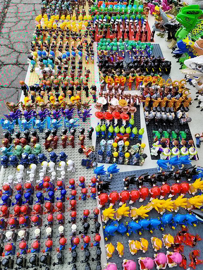 LEGO figurines arranged with military precision. This rainbow army of tiny plastic people stands ready to march into collections everywhere.