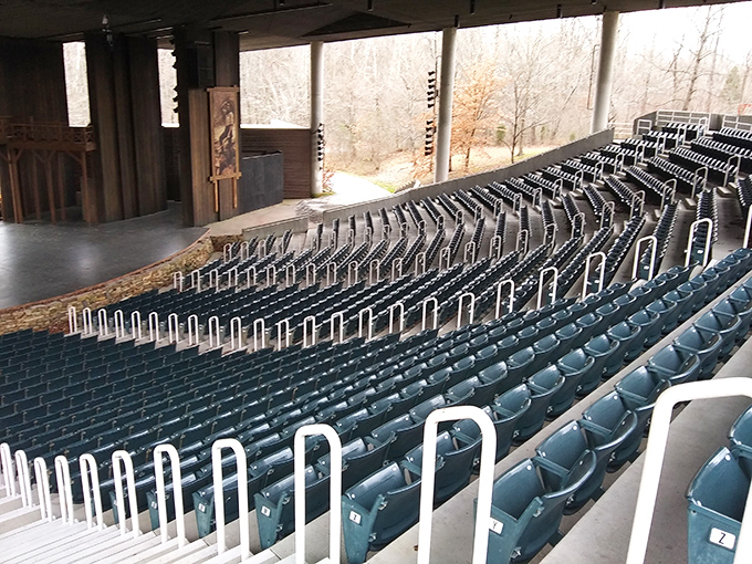 The Lincoln Amphitheatre sits empty between performances, its seats waiting for the next audience to experience history and drama under Indiana skies.