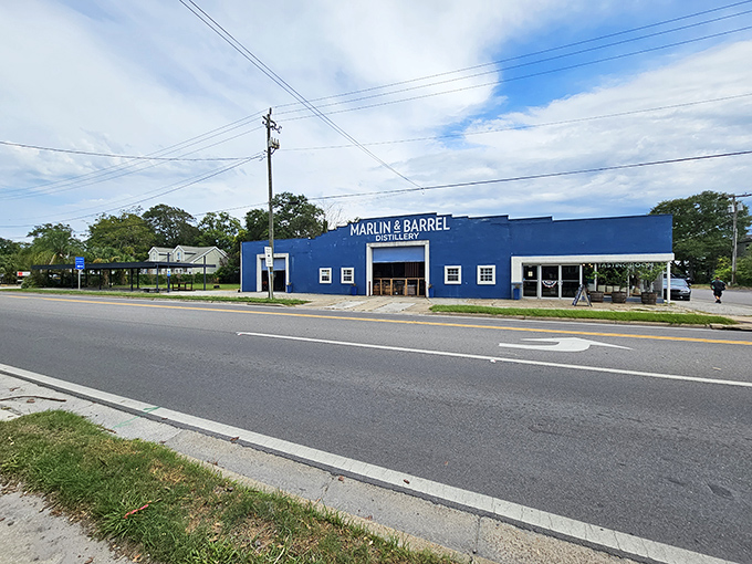 Marlin & Barrel Distillery's bold blue exterior hints at the spirited adventures waiting inside &ndash; no prescription needed for this kind of blue therapy.