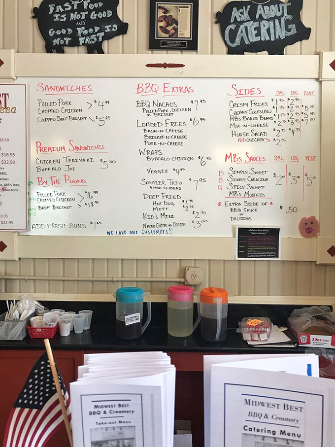The whiteboard menu isn't just functional&mdash;it's a treasure map where X marks the spot for BBQ nachos, loaded fries, and smoked meat salvation.