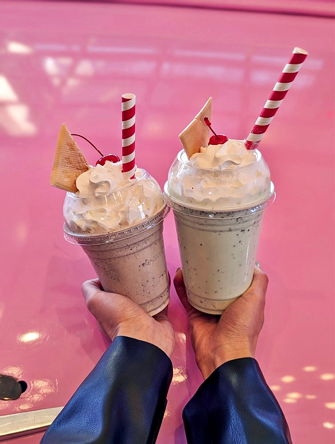 Two milkshakes are better than one, especially when topped with whipped cream mountains, wafer cookies, and the promise of brain freeze you'll actually enjoy.
