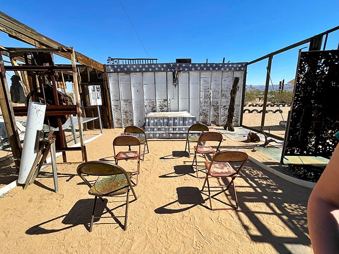 The world's most honest theater&mdash;no walls to hide behind, just a handful of mismatched chairs facing life's unscripted performance under the open sky.