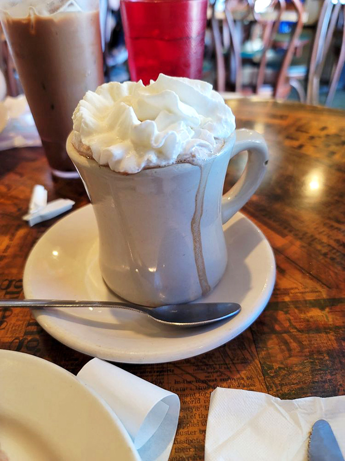 A proper mocha topped with a cloud of whipped cream. Coffee elevated from mere caffeine delivery to morning celebration. 