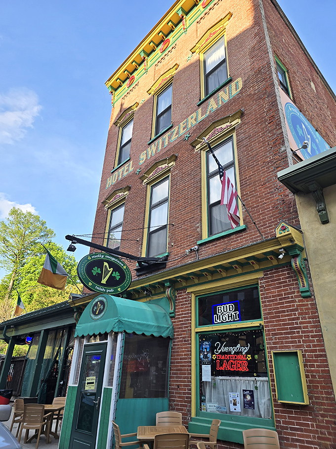 The Hotel Switzerland building houses Molly Maguires Pub, where Irish heritage meets Pennsylvania hospitality. The green awning practically winks at passersby.