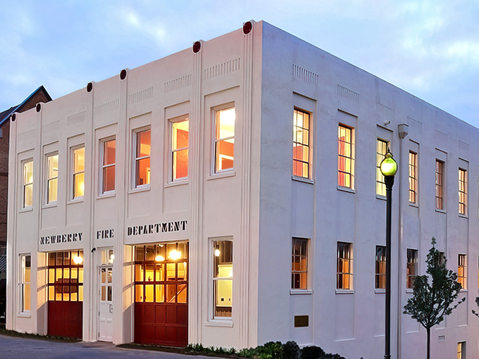 The Newberry Fire Department's Art Deco building glows at dusk like a scene from a Norman Rockwell painting&mdash;if Rockwell had discovered mood lighting.