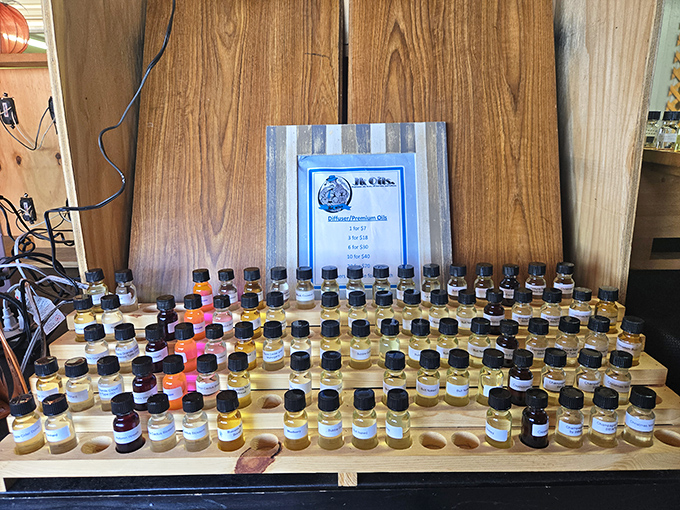 Aromatherapy, flea market style! These essential oils promise everything from stress relief to better sleep&mdash;all arranged in a chemist's dream display.