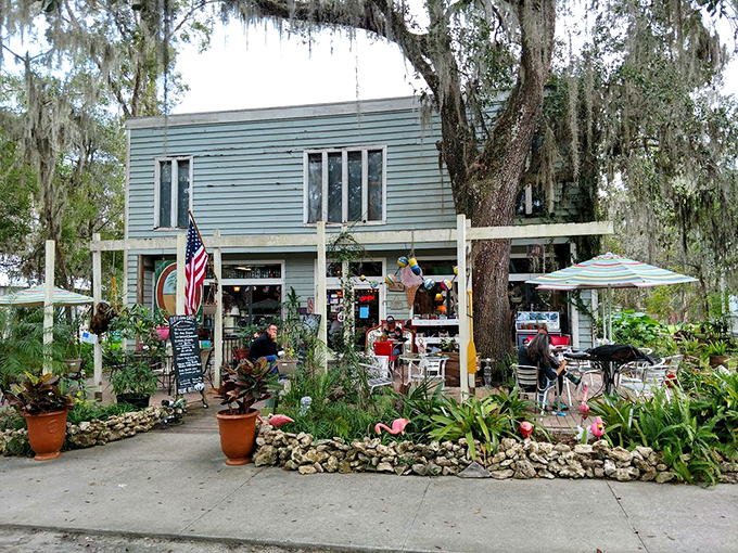 The Old Florida Café offers shaded outdoor seating where you can watch the town's daily non-events unfold at their delightfully unhurried pace.