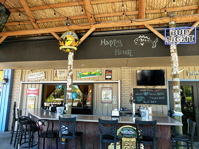 The outdoor tiki bar screams "vacation mode activated," even if you're just on your lunch break. Happy hour indeed&mdash;it's impossible not to smile here. 
