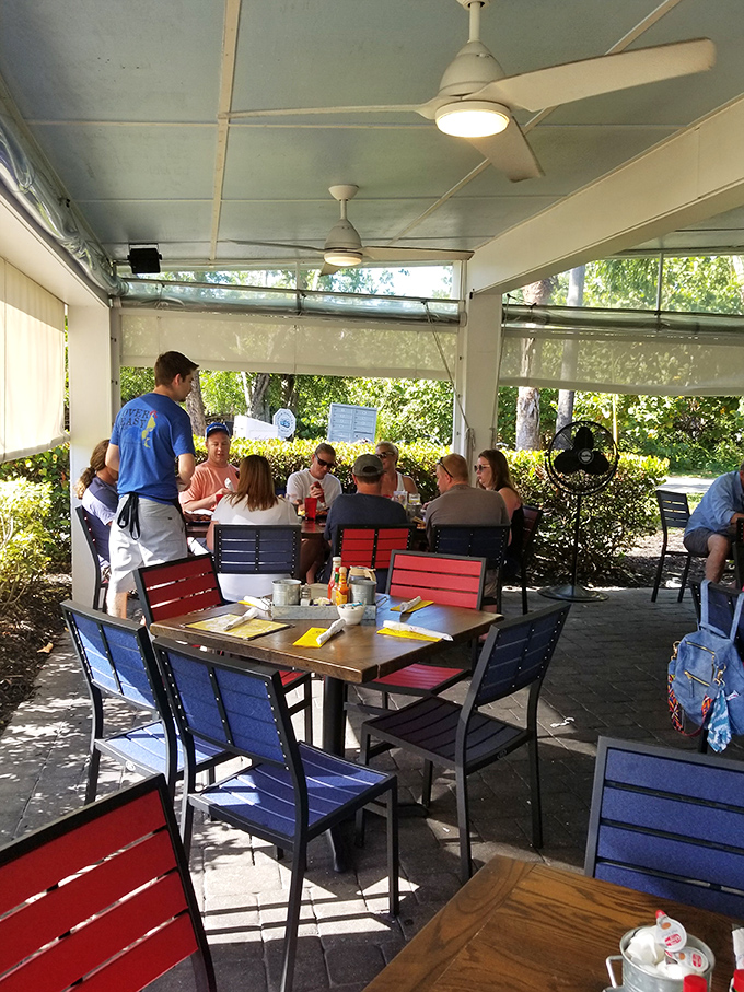 The outdoor dining area buzzes with the happy chatter of people who've discovered one of Sanibel's best-kept breakfast secrets.