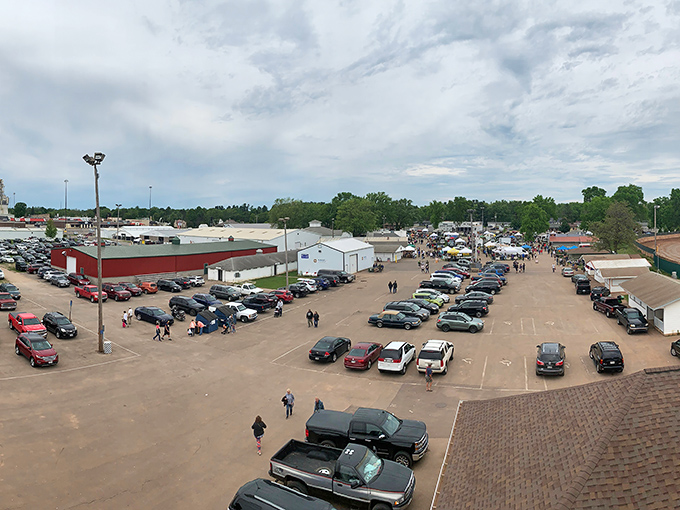 The bird's eye view shows organized chaos at its finest, where every parking spot holds potential treasure.