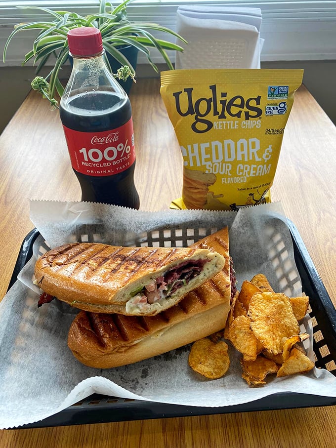 A proper pastrami panini with the grill marks to prove it. Served with chips and attitude, this sandwich means business.