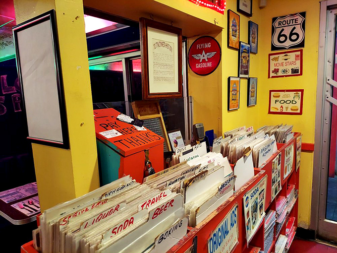 Vintage Americana lines the walls while records await browsing&mdash;this isn't decoration, it's a museum of mid-century cool you can touch.