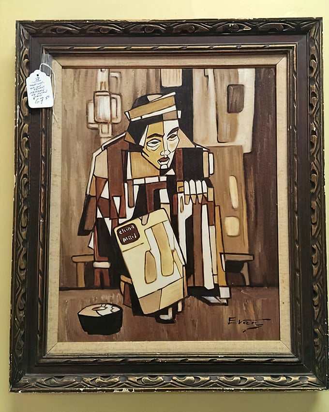 Cubist contemplation at consignment prices. This painting doesn't just hang on a wall&mdash;it transforms it into a conversation.