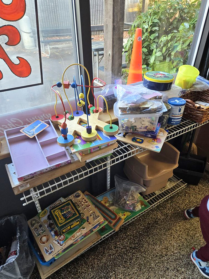 A thoughtful touch&mdash;toys for the little ones while parents refuel. Because hangry kids and hot coffee don't mix well.