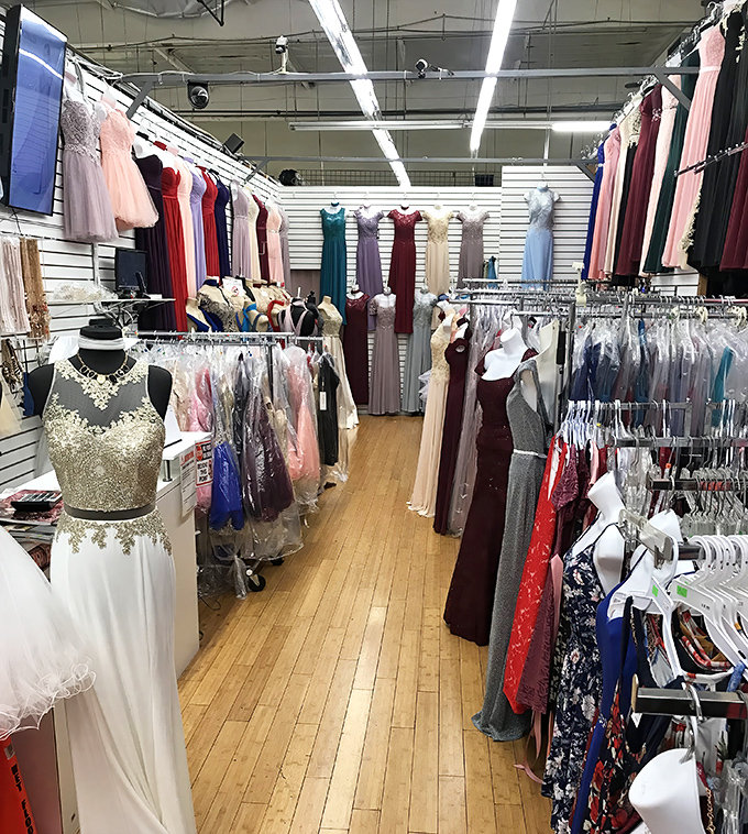 Quincea&ntilde;era and prom dreams line the walls, each dress promising a Cinderella moment without the midnight deadline.