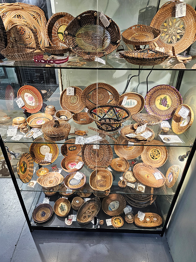 A glass case of woven baskets showcases the artistry of everyday objects&mdash;functional beauty that's stood the test of time.