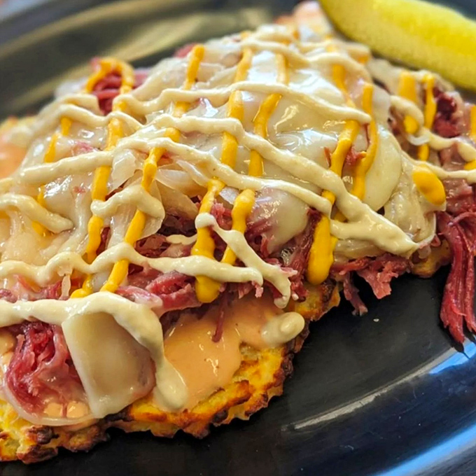 The Reuben potato pancake defies categorization and gravity&mdash;a magnificent tower of corned beef, sauerkraut, and cheese that would make both Cleveland and New York proud.
