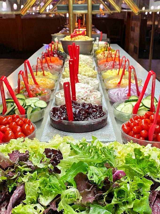 The salad bar&mdash;where good intentions meet genuine deliciousness. Fresh vegetables and toppings that make eating greens feel less like penance and more like pleasure.