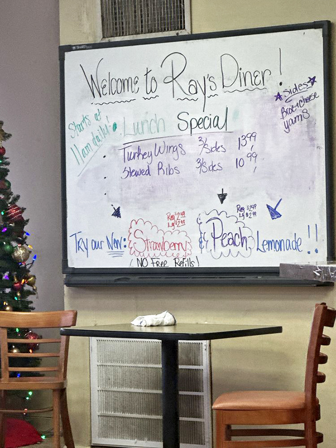 The whiteboard of daily specials&mdash;a handwritten promise that today's meal will be different from yesterday's. Those turkey wings aren't messing around.