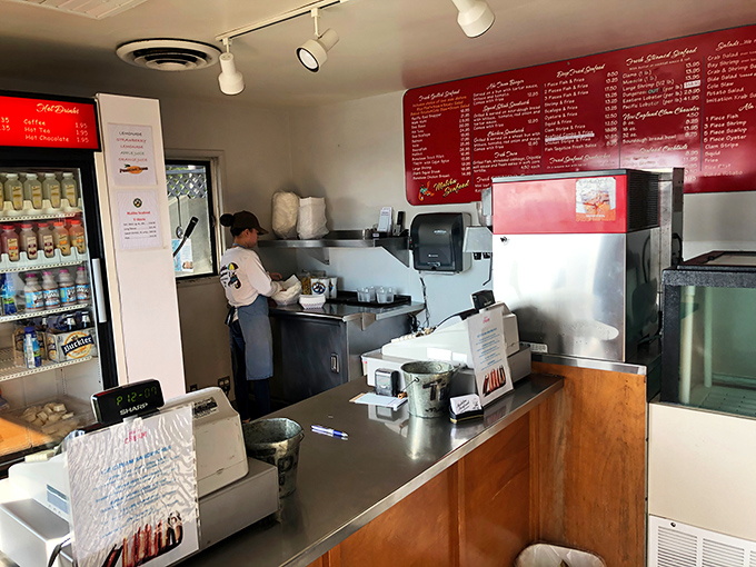 Where the magic happens&mdash;kitchen staff focused on the serious business of making sure your seafood is cooked just right.