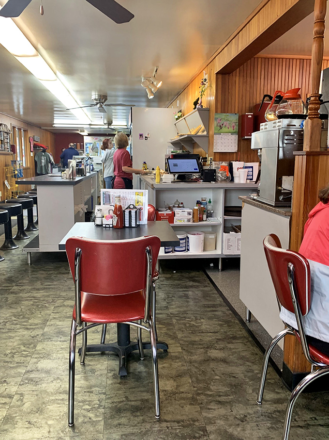 The diner's counter seating &ndash; where regulars perch like birds on a wire, sharing news and waiting for their slice of happiness.
