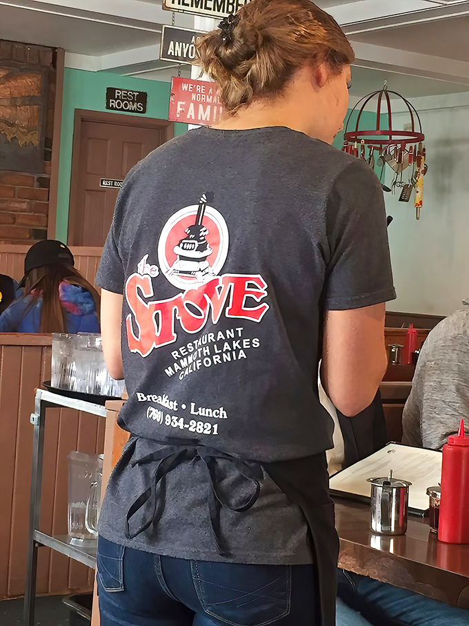 The back of a server's shirt tells the story&mdash;this isn't just breakfast, it's a Mammoth Lakes tradition served with a side of mountain pride.