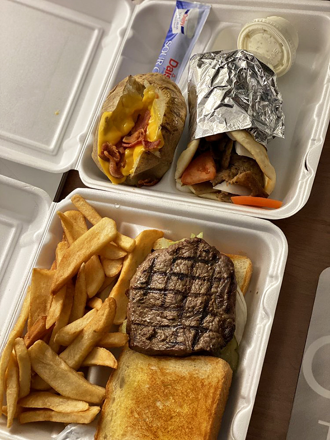 To-go containers packed with comfort &ndash; a loaded baked potato, gyro, steak, and fries that promise to taste just as good at home.