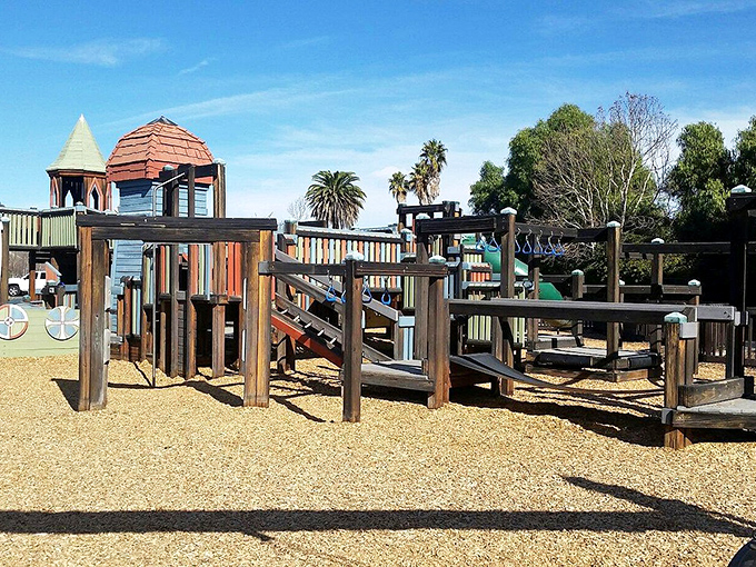 Even the playgrounds in Solvang have storybook charm. Hans Christian Andersen would approve of this wooden wonderland for little adventurers.