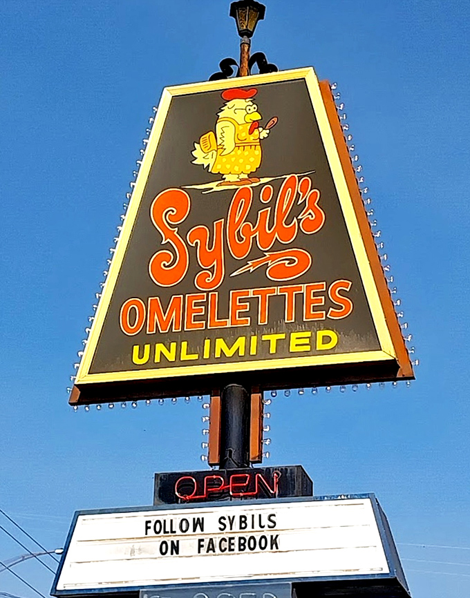 The iconic Sybil's sign stands as a beacon of breakfast hope for hungry travelers and locals alike.