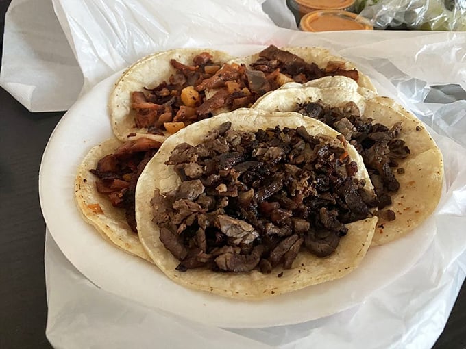 Street tacos done right&mdash;simple, unadorned, and packed with flavor. No lettuce mountain or cheese avalanche to hide behind here.