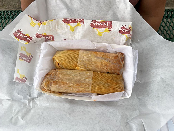 Tamales in their corn husk jackets—like little gifts waiting to be unwrapped, revealing steamed masa treasures within.