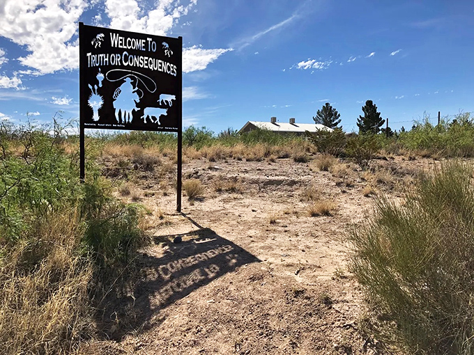 The welcome sign says it all – you're entering a place where the name is just the first of many delightful surprises.