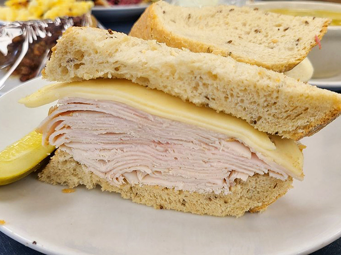 This turkey sandwich isn't playing games&mdash;layer upon layer of thinly sliced meat with cheese on fresh-baked bread that puts sad desk lunches everywhere to shame.